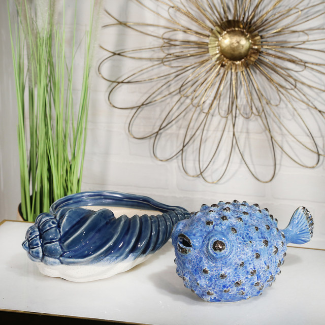 Sagebrook Home Blue Ceramic Puffer Fish 10" Sculpture Figurine - Beach ...
