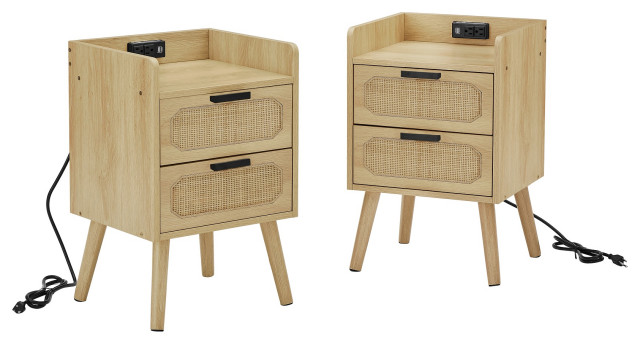Set of 2 Rattan Nightstand With socket Side Table Natural Handmade ...