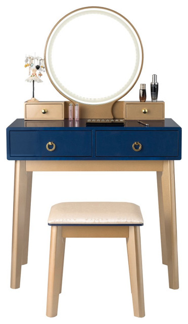 Modern Vanity Set, Round Mirror & 3 Adjustable Colors LED Light, Navy ...
