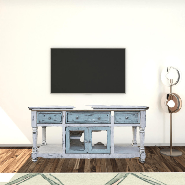 70" Blue and White Solid Wood Open shelving Distressed TV Stand ...