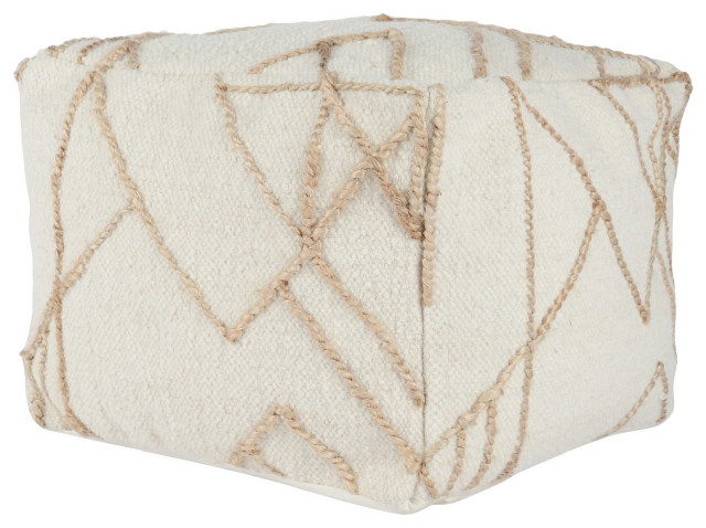 Benzara BM283641 18" Square Cube Accent Pouf, Woven Abstract Jute, Off White - Scandinavian ...