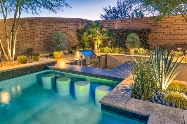 Geometric Pool with Fireplace/Water Feature, Swim Up Bar and sunken BBQ ...