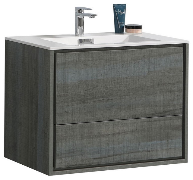 DeLusso 30" Wall Mount Bathroom Vanity, High Gloss White, Ash Gray ...