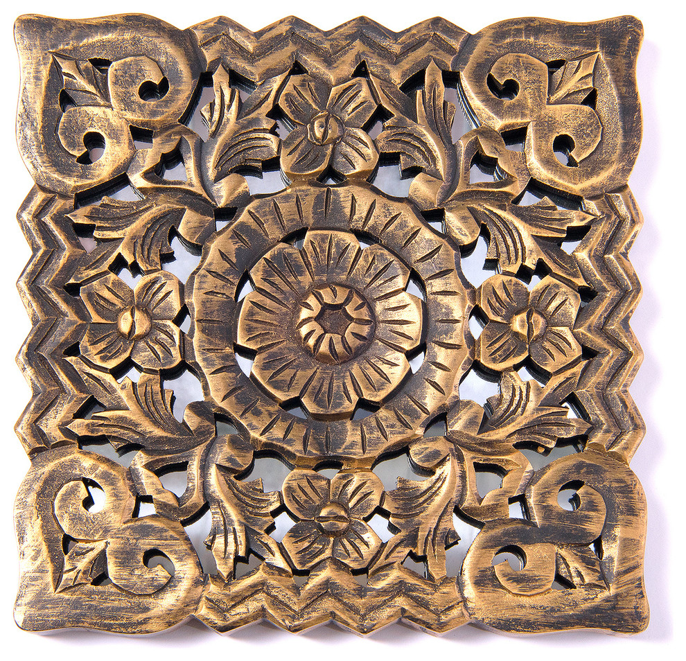 Decorative Rustic Square Carved Wood Wall Panel, Natural ...