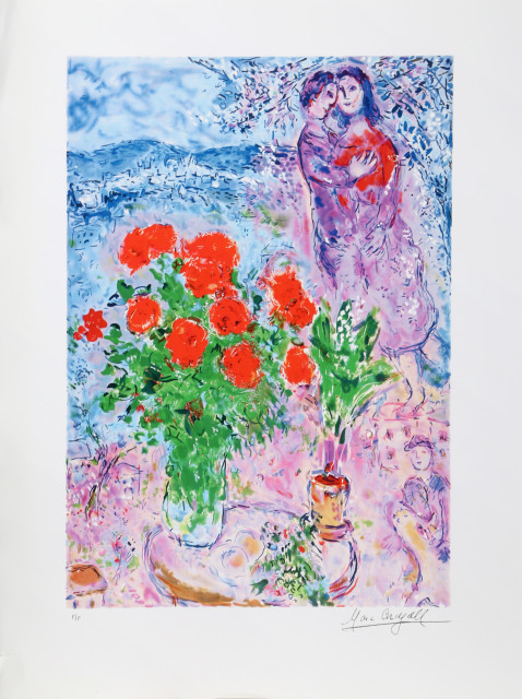 Red Bouquet With Lovers Marc Chagall 24x18 Contemporary Fine Art