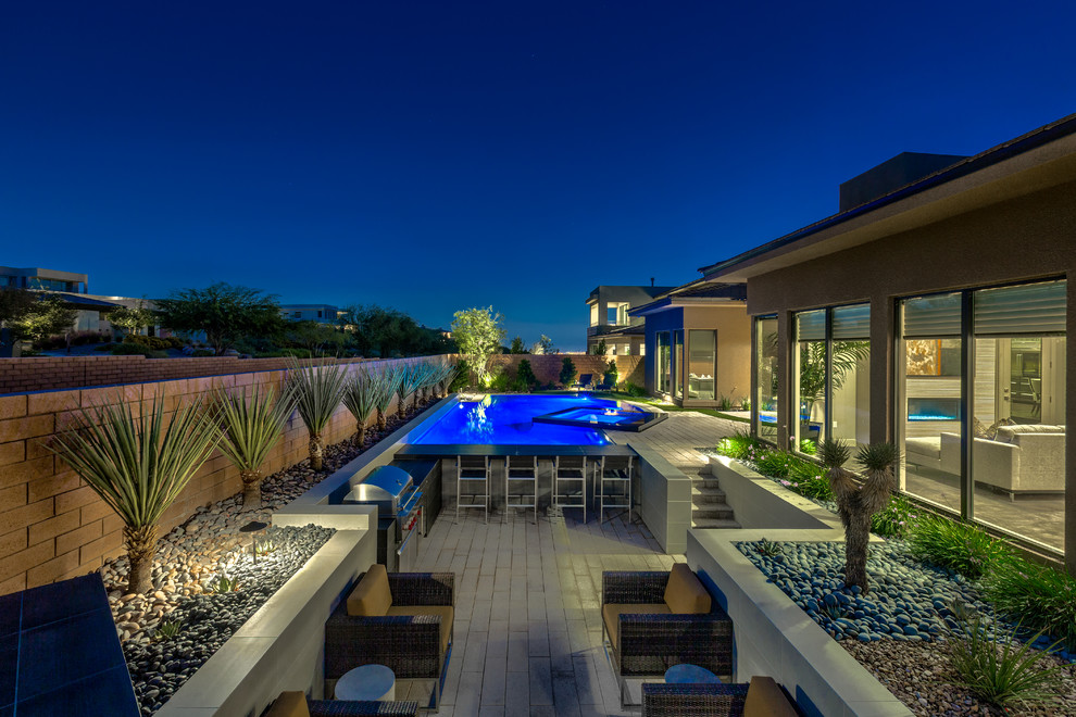 Rim Flow Pool & Spa with Sunken Retreat with BBQ and Glass Walled Fire ...