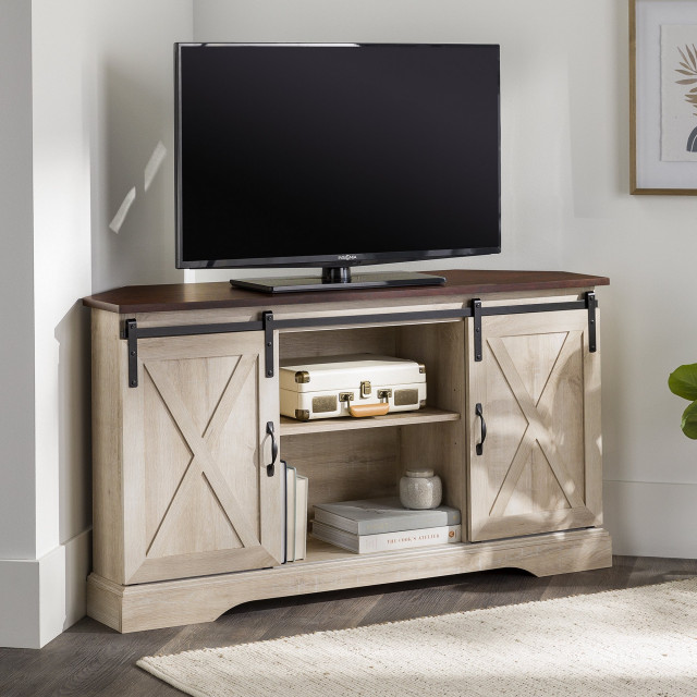 Modern Farmhouse Corner TV Stand, Sliding Barn Doors, Adjustable ...