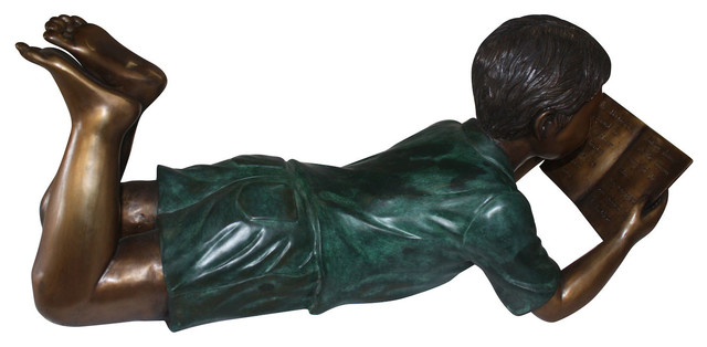 Boy Laying Reading Book Bronze Statue - 11"H., Medium up to 36 ...