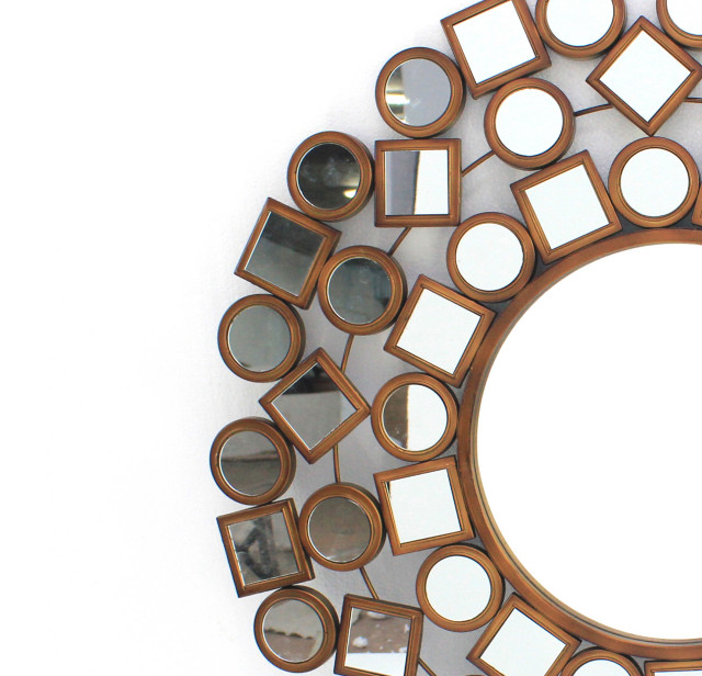 Round Wall Mirror Surrounded by Smaller Round and Square Mirrors, Brown ...