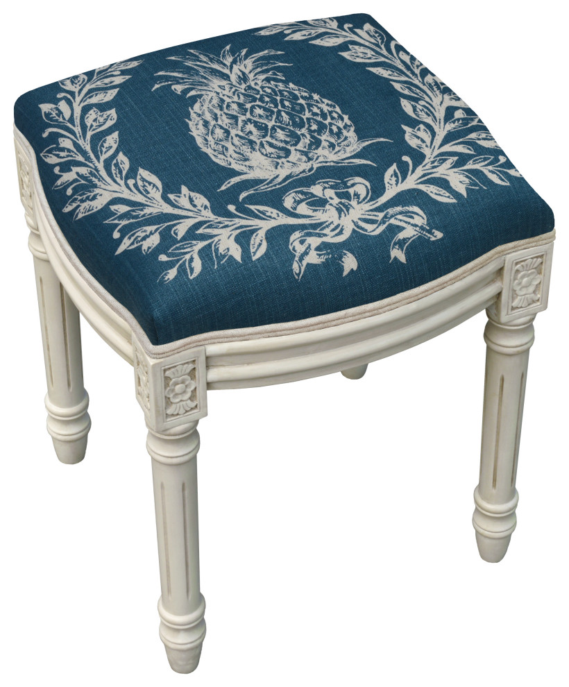 Pineapple-Mustard, Linen Upholstered Vanity Stool - Tropical - Vanity ...