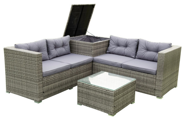 Wicker Rattan 4-Piece Patio Set with Grey Storage Box - Contemporary ...