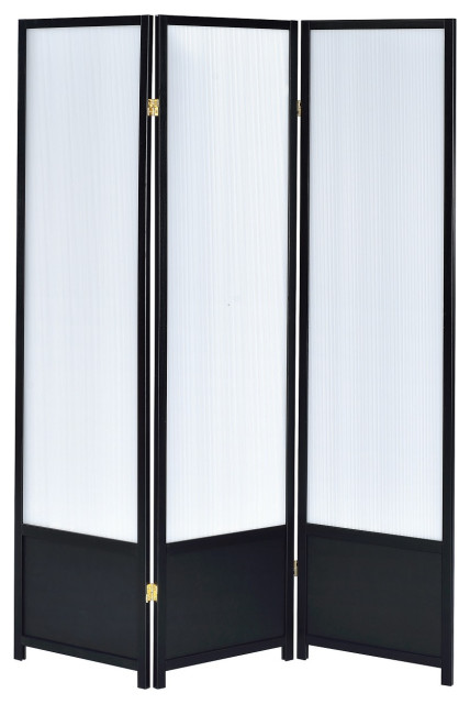 3 Panel Folding Floor Screen with Translucent Inserts, Black ...