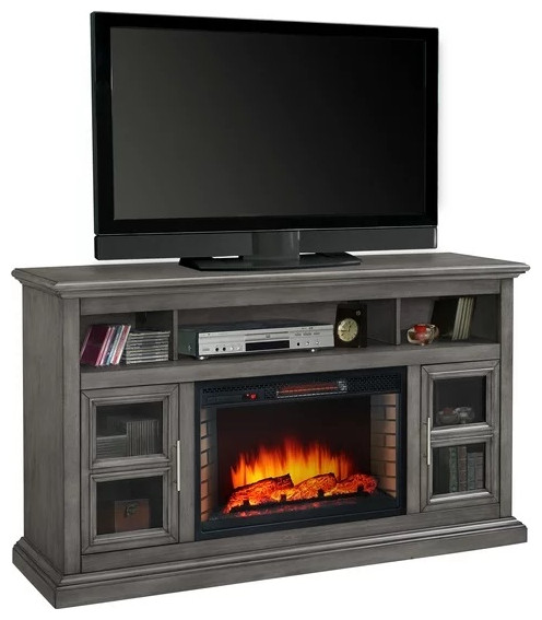 Dark Weathered Grey Media Console with Electric Fireplace and Glass ...