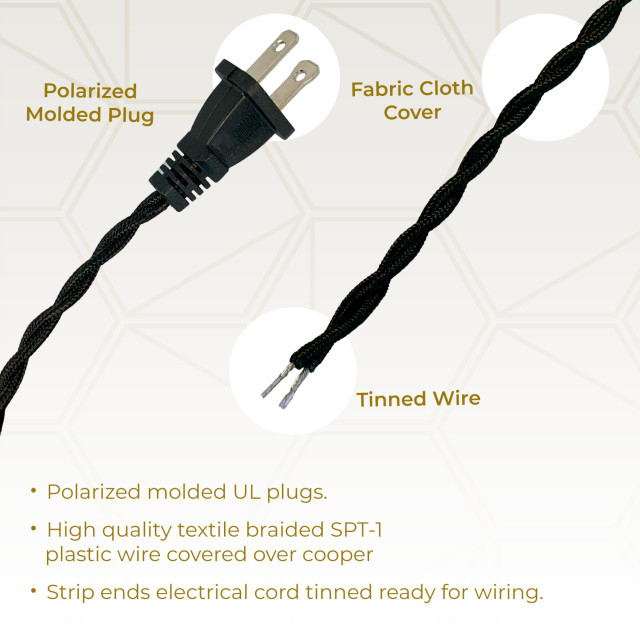 Twisted Rayon Lamp Cord With NEMA-15P Plug, Stripped Ends Ready for ...