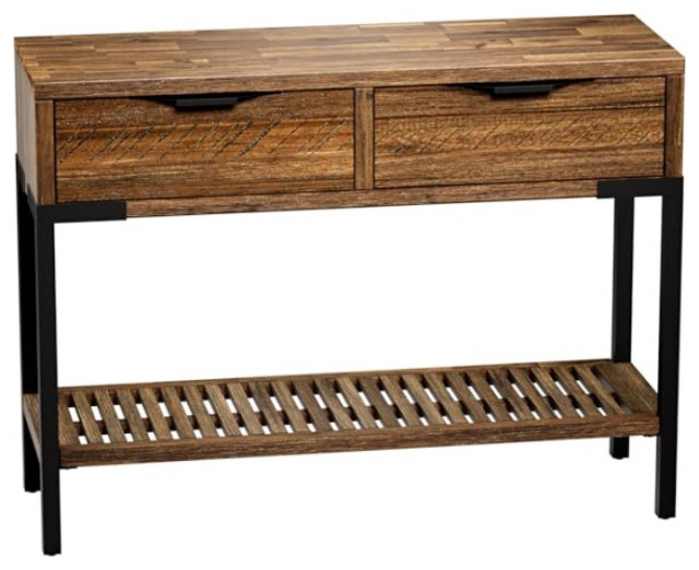 Rustic Console Table, Metal Frame With Slatted Shelf & Storage Drawers ...
