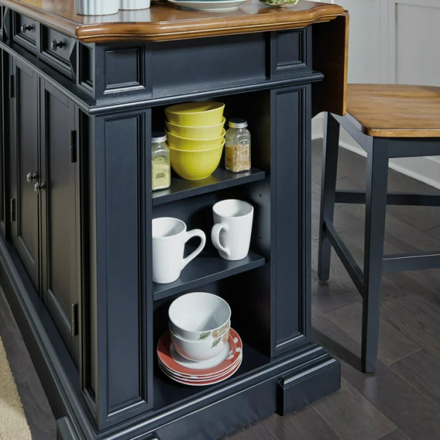 Transitional Spacious Kitchen Island With 2 Slatted Back Stools ...