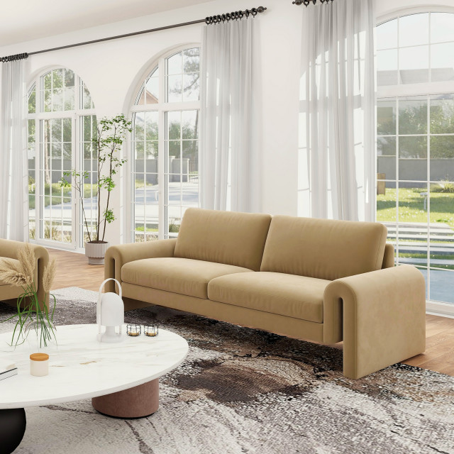 Mason 85" Camel Brown Beige Performance Velvet Arched Arm Sofa ...