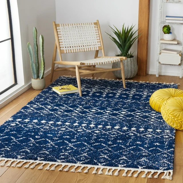 Fringe Shag Aztec Area Rug with Navy and Ivory Tribal Geometric Pattern ...