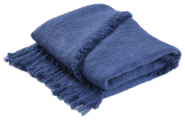 Blue Woven Cotton Solid Color Throw Blanket - Contemporary - Throws ...
