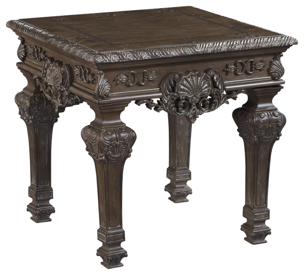 Square Ornate Engraved Wooden Frame End Table, Espresso Brown ...