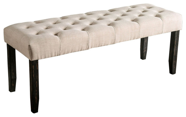 20 Inch Button Tufted Wooden Bench, Antique Black And Beige ...