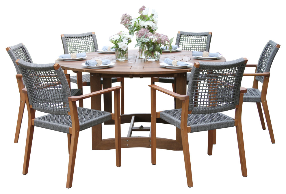 7-Piece Eucalyptus Lazy Susan Dining Set With 6 Stacking Rope Armchairs ...