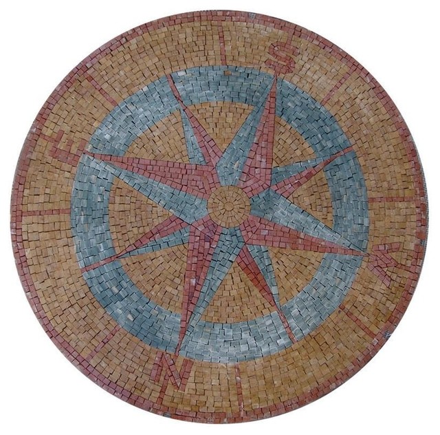 Nautical Stone Mosaic, Rosa Dei Venti, 36" x 36" - Beach Style - Tile ...