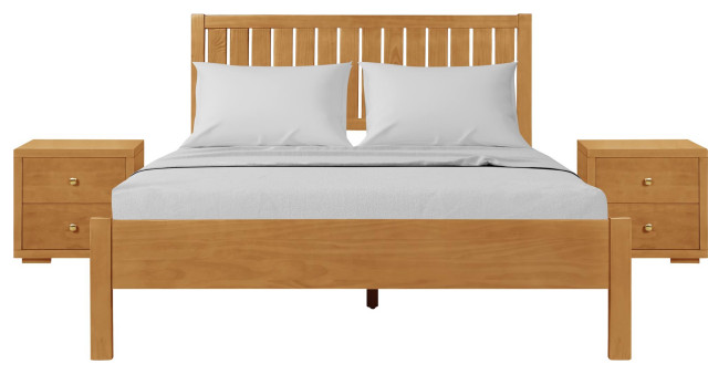 Graham Wooden Platform Bed, Oak With 2 Nightstands - Transitional ...