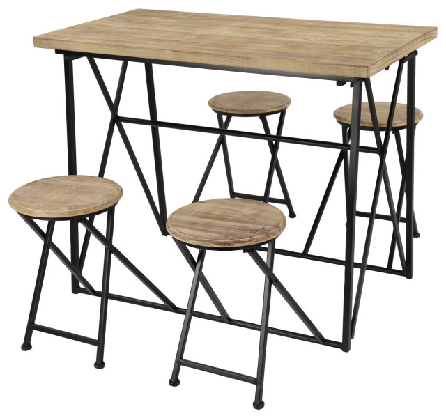 Industrial Metal & Wood Dining Table Set w/ 4 Retractable Nesting ...