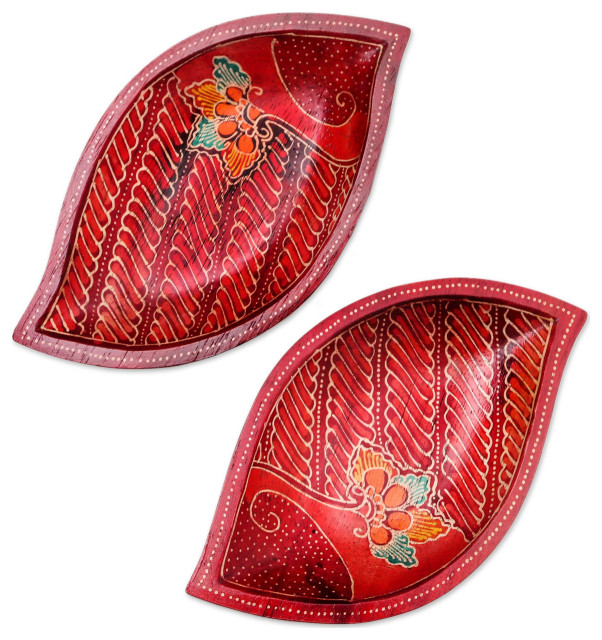 Novica Handmade Bowl,Java Leaf Wood Batik Decorative Bowls (Pair ...