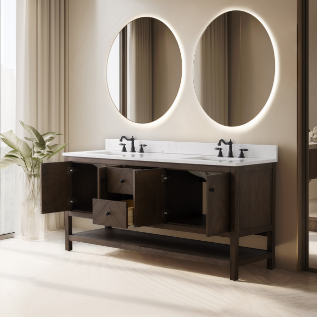 Landon Modern Herringbone Bathroom Vanity, 72", White Top ...