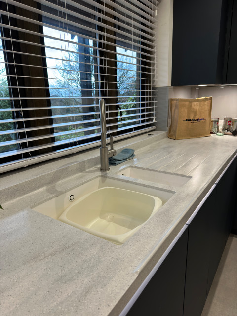 Fjord Blue kitchen with Corian Arrowroot worktops - Contemporary ...