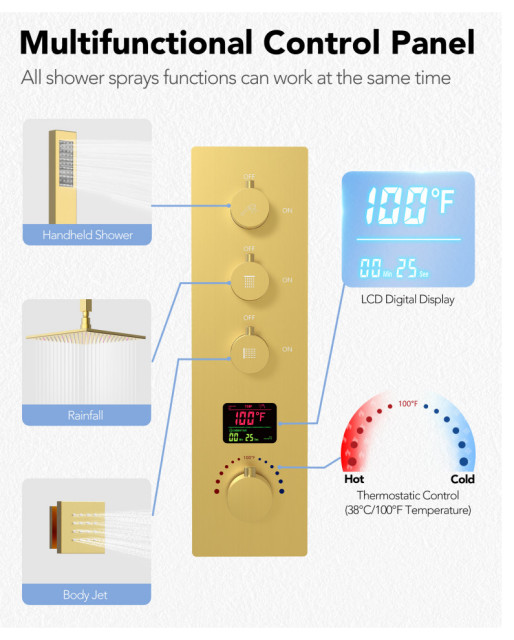 Digital Shower System LED 12" Rain Shower Head With 4-Way Faucet ...