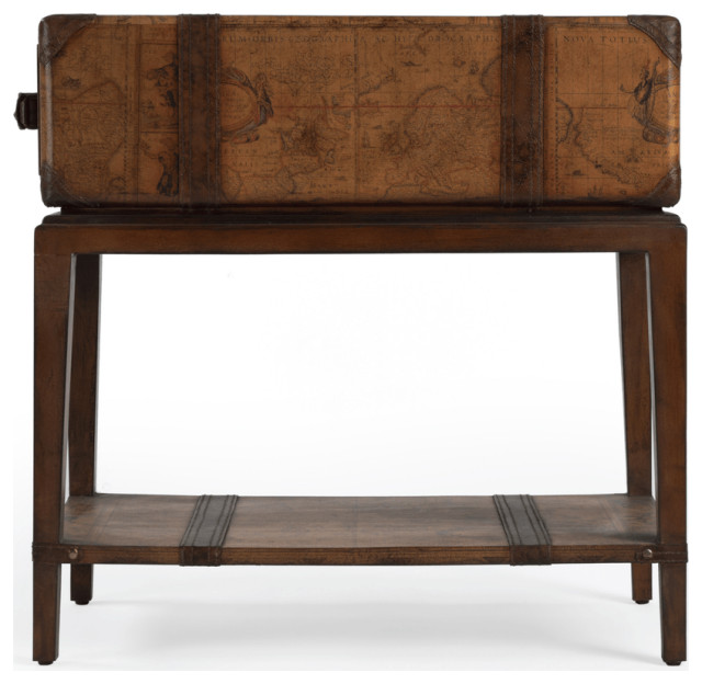 24" Brown Old World Map End Table With Drawer And Shelf - Transitional ...