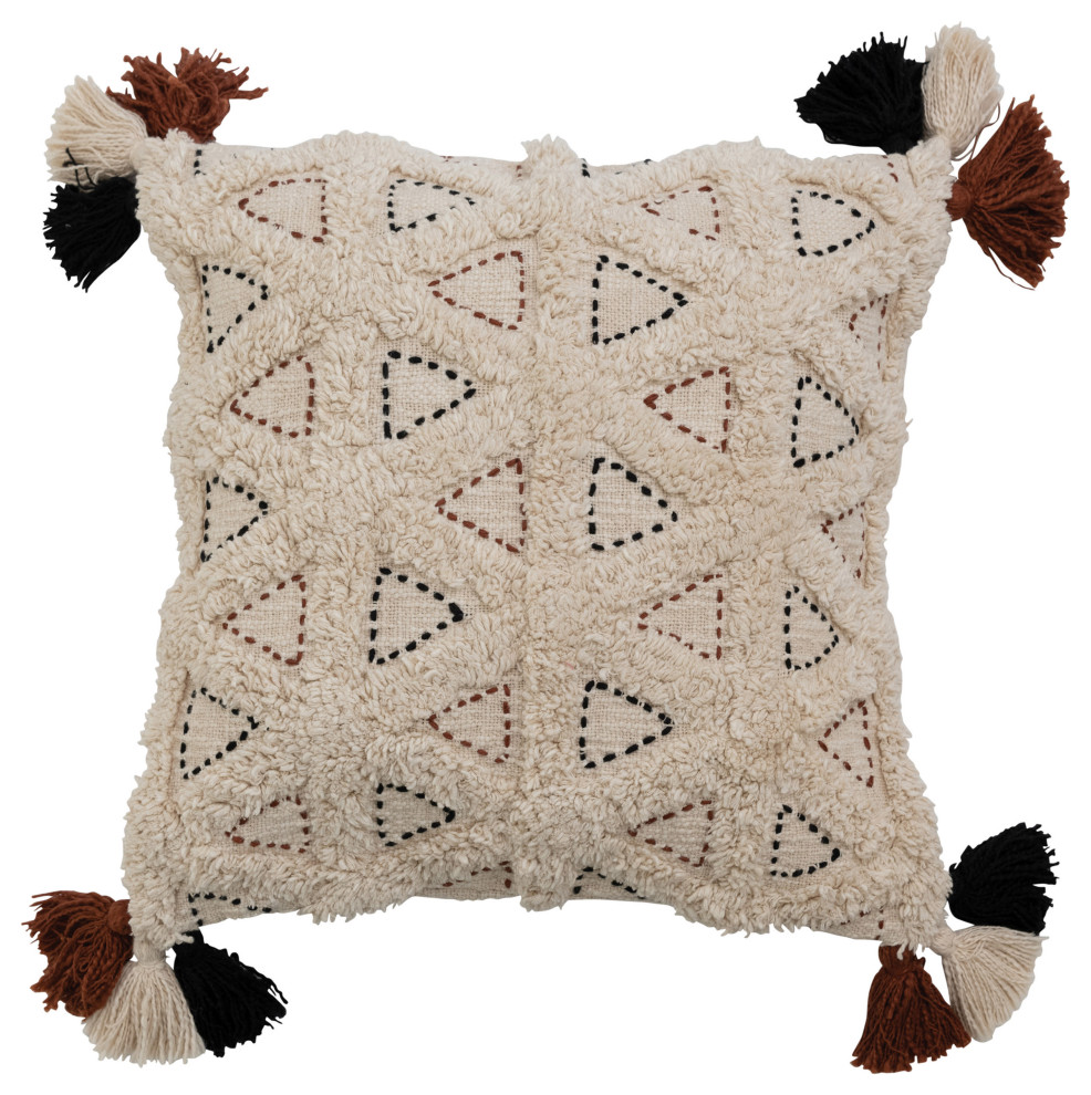 Cotton Slub Tufted Pillow Cover with Kantha Stitch and Tassels ...
