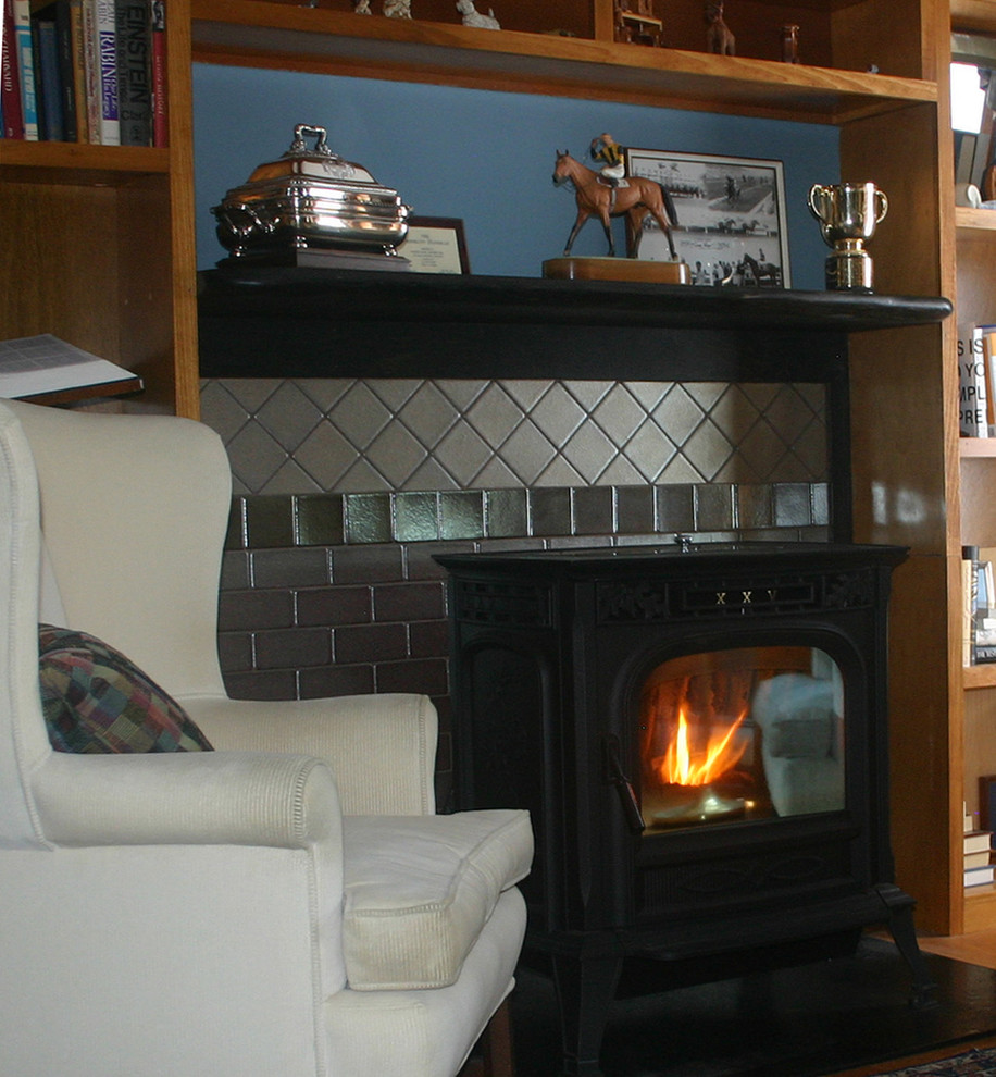 Tile design behind wood stove uses recycled materials - Traditional ...