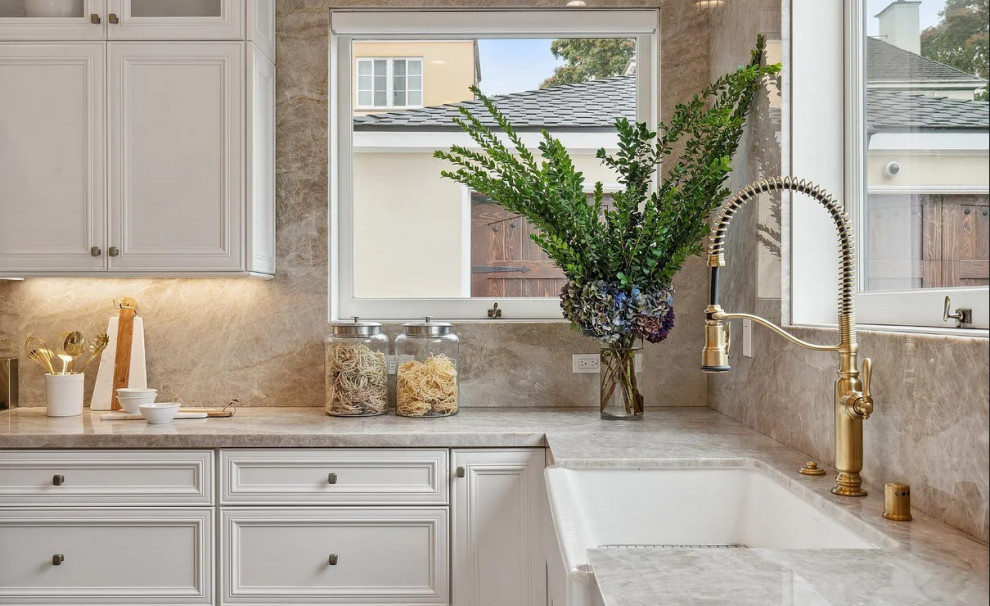 Omega kitchen Anson white painted door Stainless Steel appliances gold ...