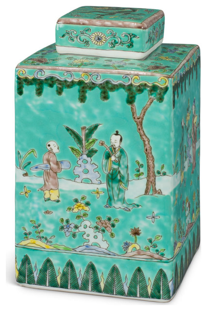 Light Turquoise Chinese Square Porcelain Tea Jar with Figurine Motif ...