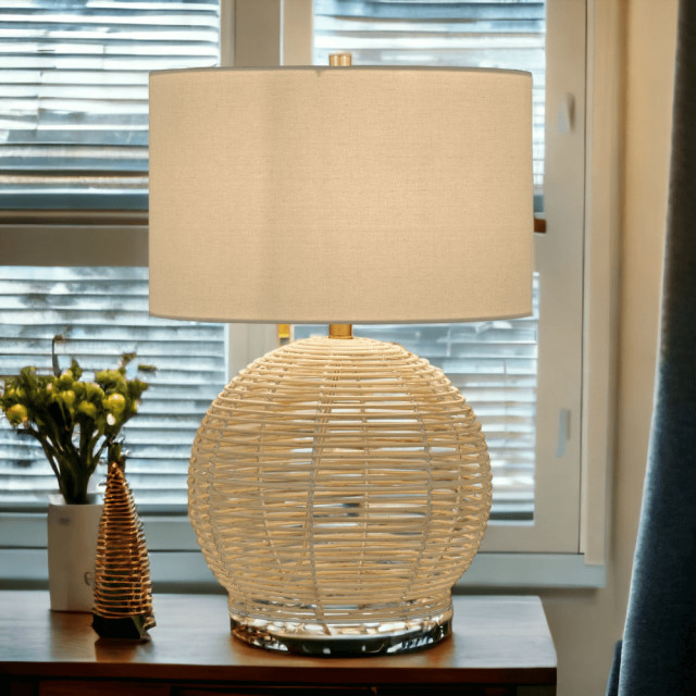 21" Natural Rattan Table Lamp With White Drum Shade - Tropical - Table ...