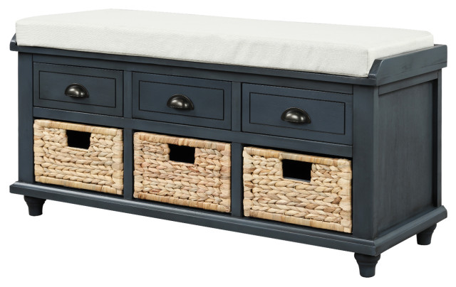TATEUS 42" Rustic Storage Bench With 3 Drawers and 3 Rattan Baskets ...