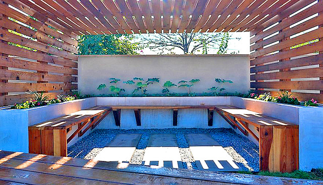 Custom Pergolas--Wood with Wood Bench & Stucco Planter - Los Angeles ...