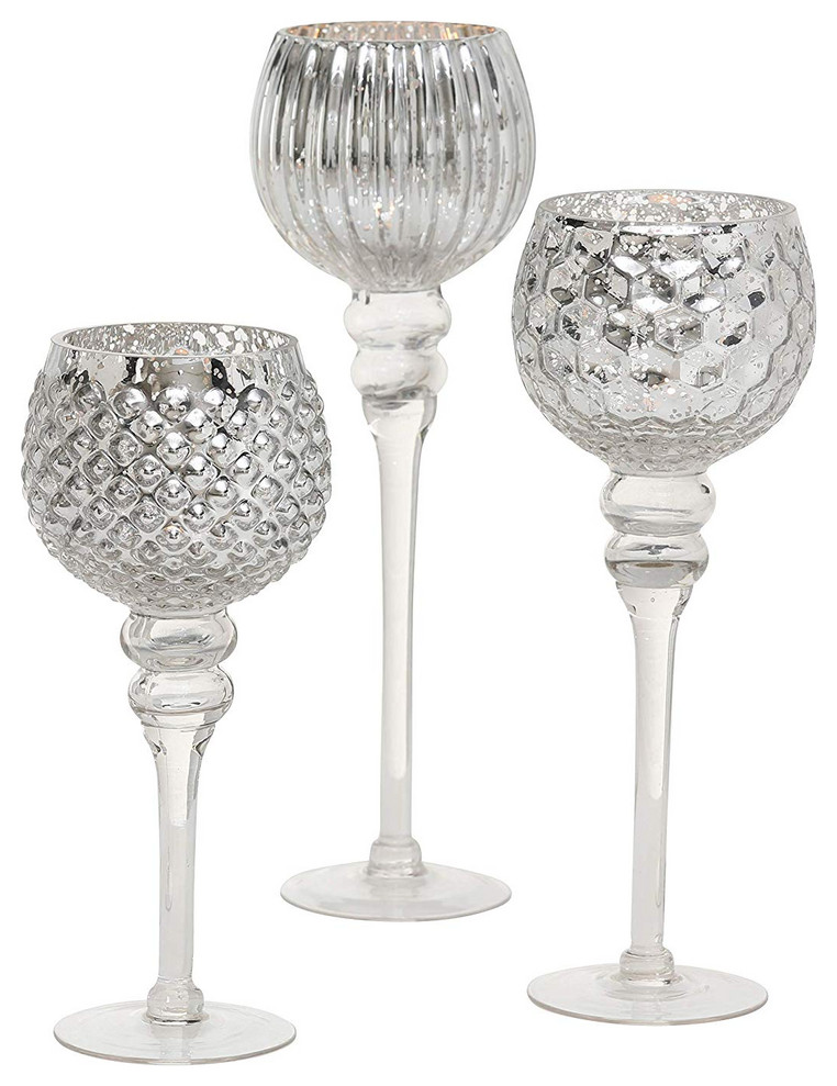 Long Stem Shimmer Goblet 3 Piece Glass Candle Stick Set - Contemporary ...