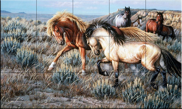 Tile Mural, Two Mustang Stallions by Cynthie Fisher, 25.5" x 17" (24 ...