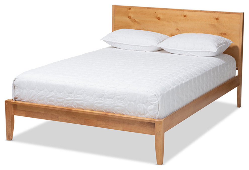 Modern Rustic Queen Platform Bed, Rubberwood Frame & Panel Headboard ...