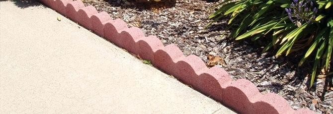 Scalloped brick borders pooling rainwater on walkway