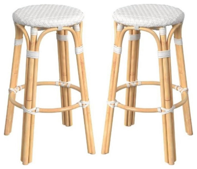 Home Square 30" Round Rattan Bar Stool in Glossy White - Set of 2 ...