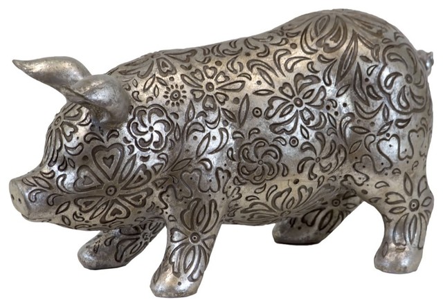Resin Floral Patterned Pig Figurine, Standing Position, Large, Silver ...