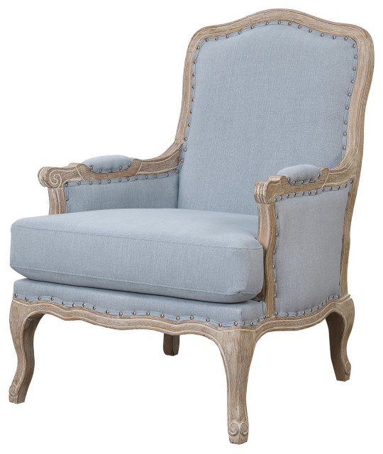 Light Blue French Accent Chair with Distressed Wooden Frame and Padded ...
