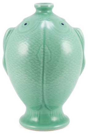 Celadon Green Carved Fish Vase Large - Beach Style - Vases - by William ...