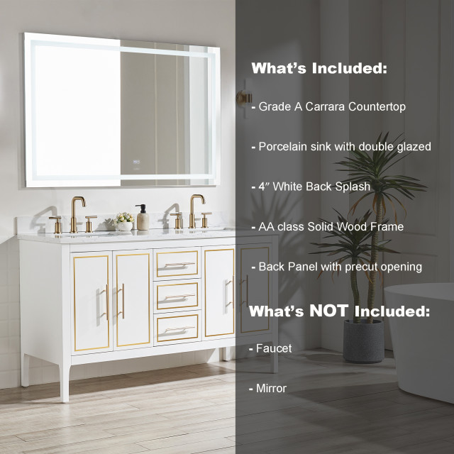 60 Inches Solid Wood Frame Freestanding Bath Vanity Set, Double Sinks ...
